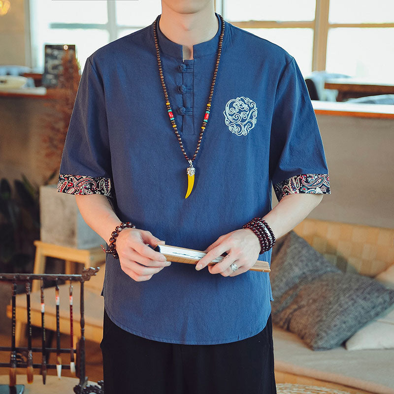 Japanese Linen Kimono Shirt Blue
